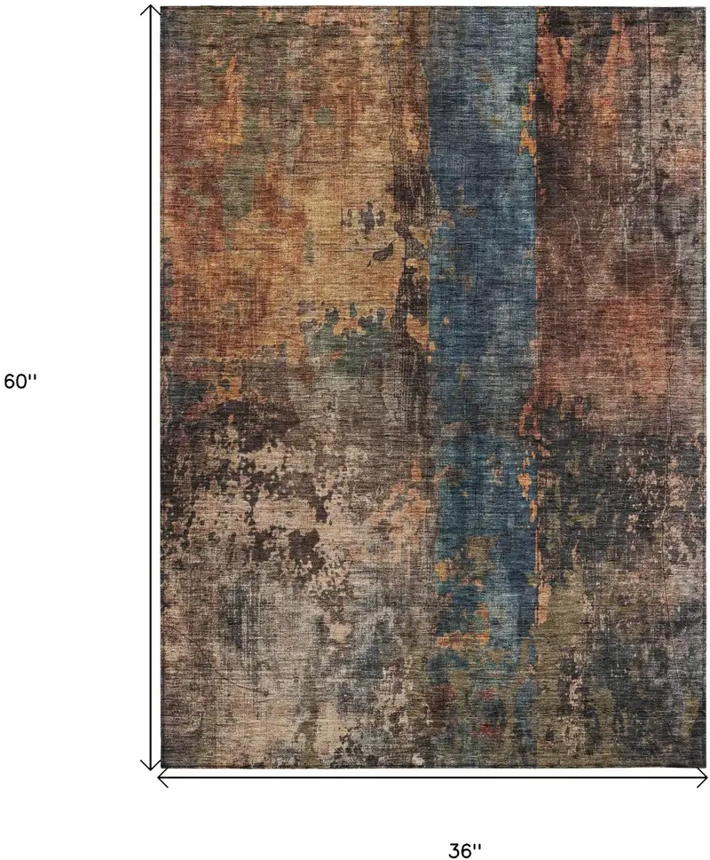 Blue Copper And Brown Abstract Washable Indoor Outdoor Area Rug - 3' X ...