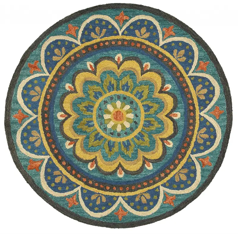 Blue Floral Mandala Area Rug - 6' Round - Blue | RayneCraft.com
