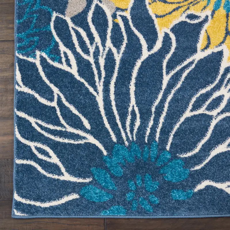 Blue Tropical Flower Runner Rug - 10' Runner - Blue, Gold - Runner ...